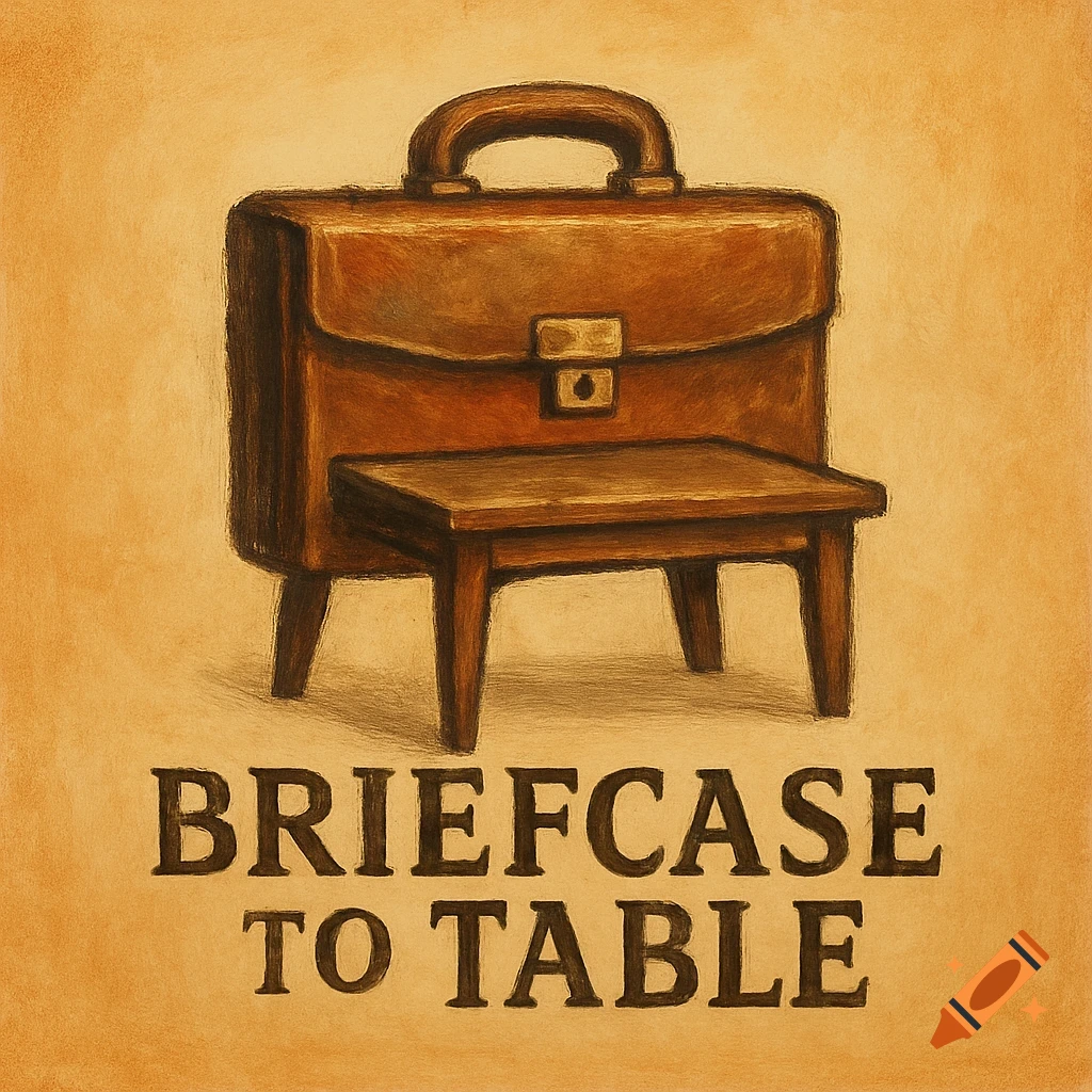 Illustration of a briefcase and a small table with the text 'BRIEFCASE ...