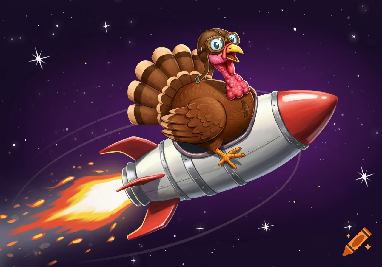 A cartoon turkey with goggles rides a rocket through space. on Craiyon