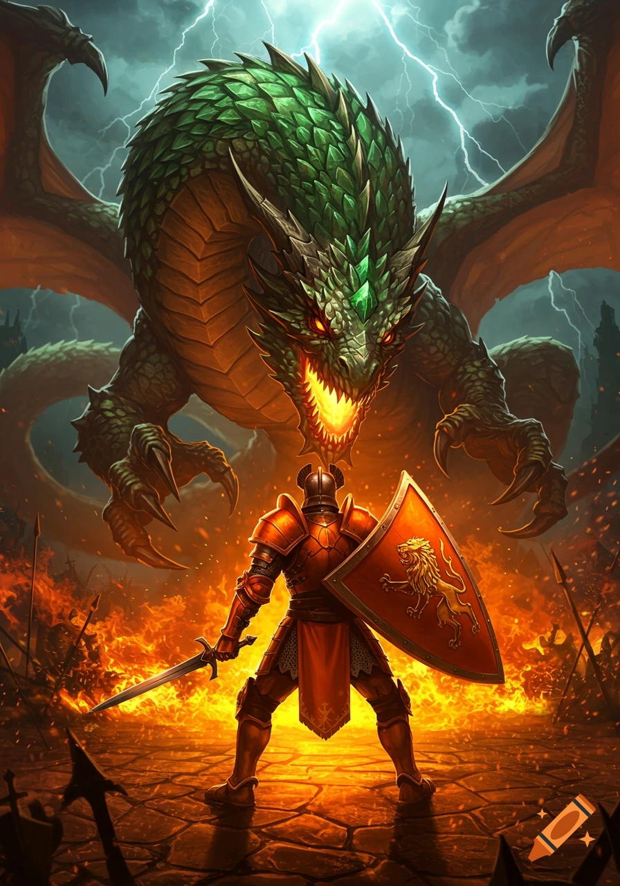 A knight in orange armor faces a fiery green dragon during a lightning ...