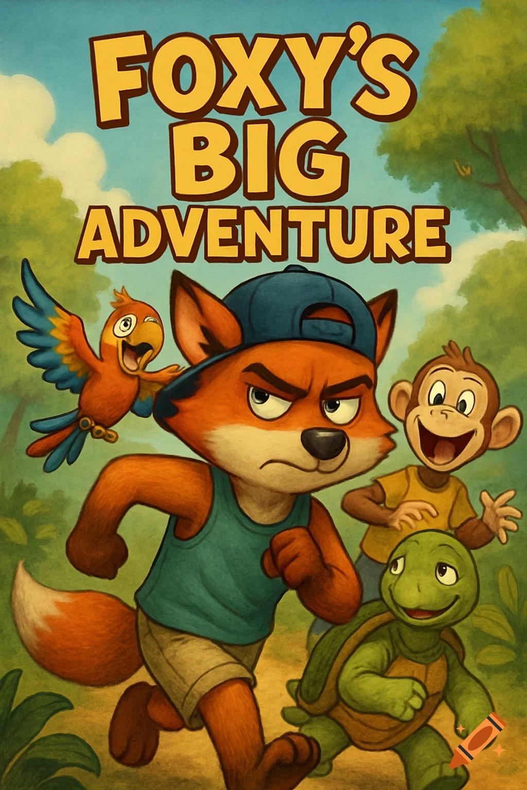 Cartoon fox, parrot, monkey, and turtle running, with the title Foxy's ...