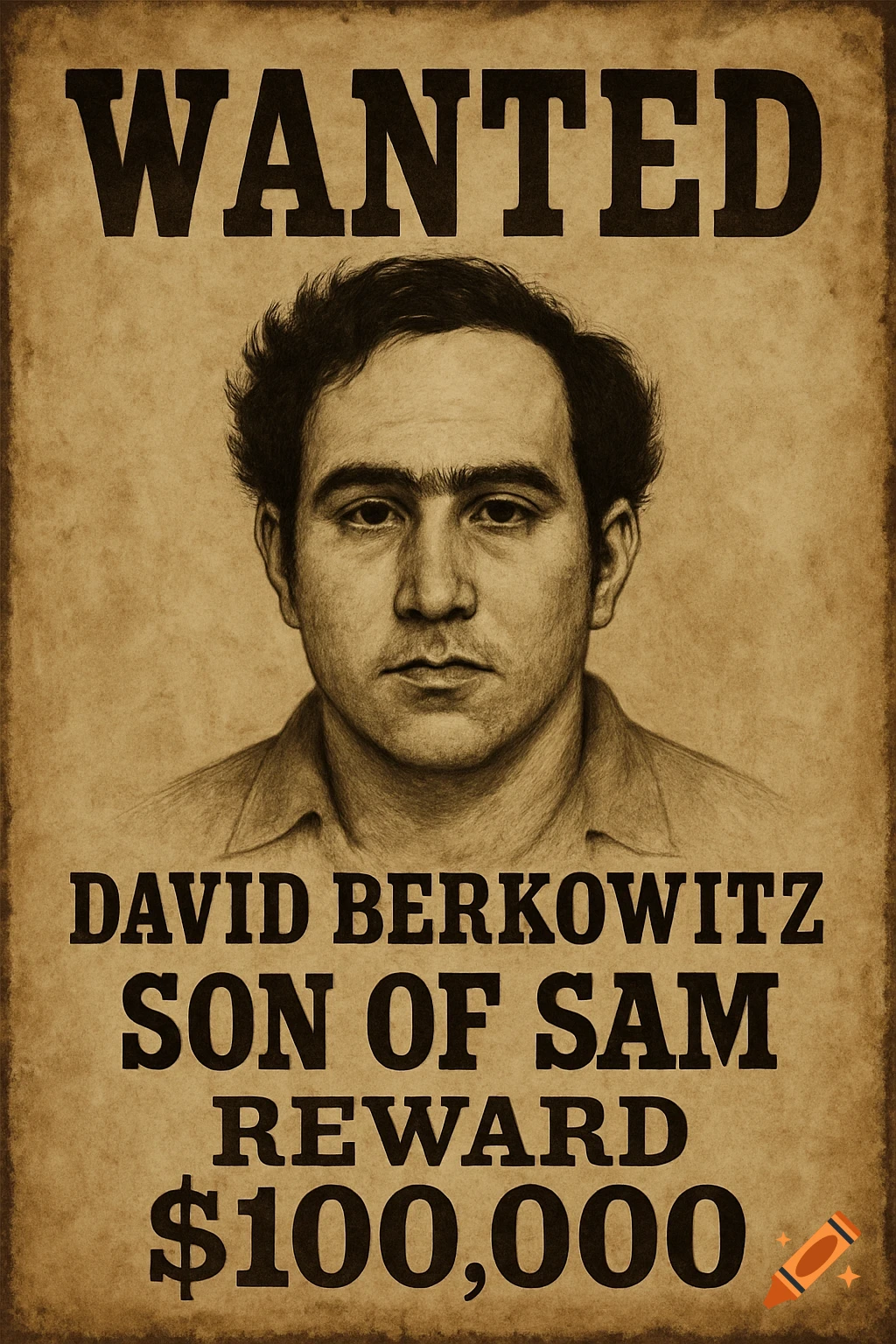 Vintage drawing of a wanted poster for David Berkowitz (Son of Sam ...