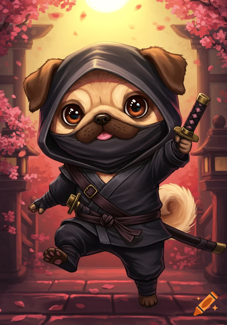A cute pug dog dressed as a ninja holding a sword in a cherry blossom ...