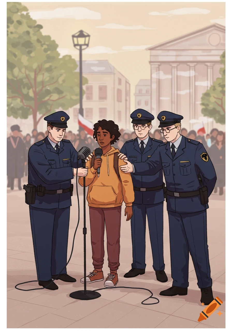 A cartoon illustration of a young person at a microphone surrounded by ...