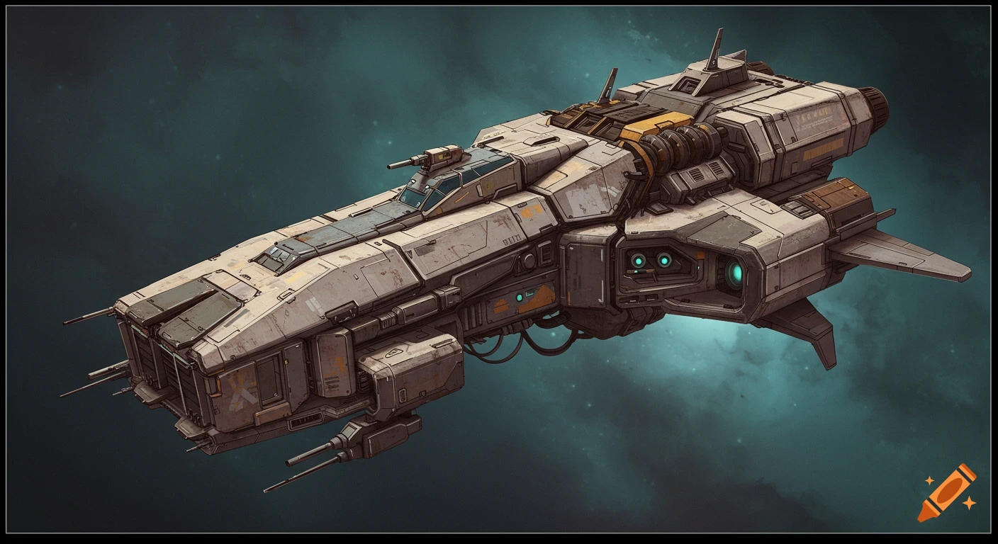 An illustration of a detailed, jury-rigged combat spaceship in space ...