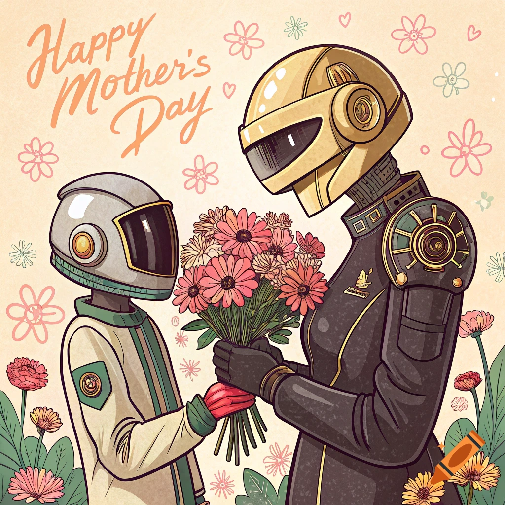 Two helmeted figures resembling robots exchange a bouquet of flowers ...