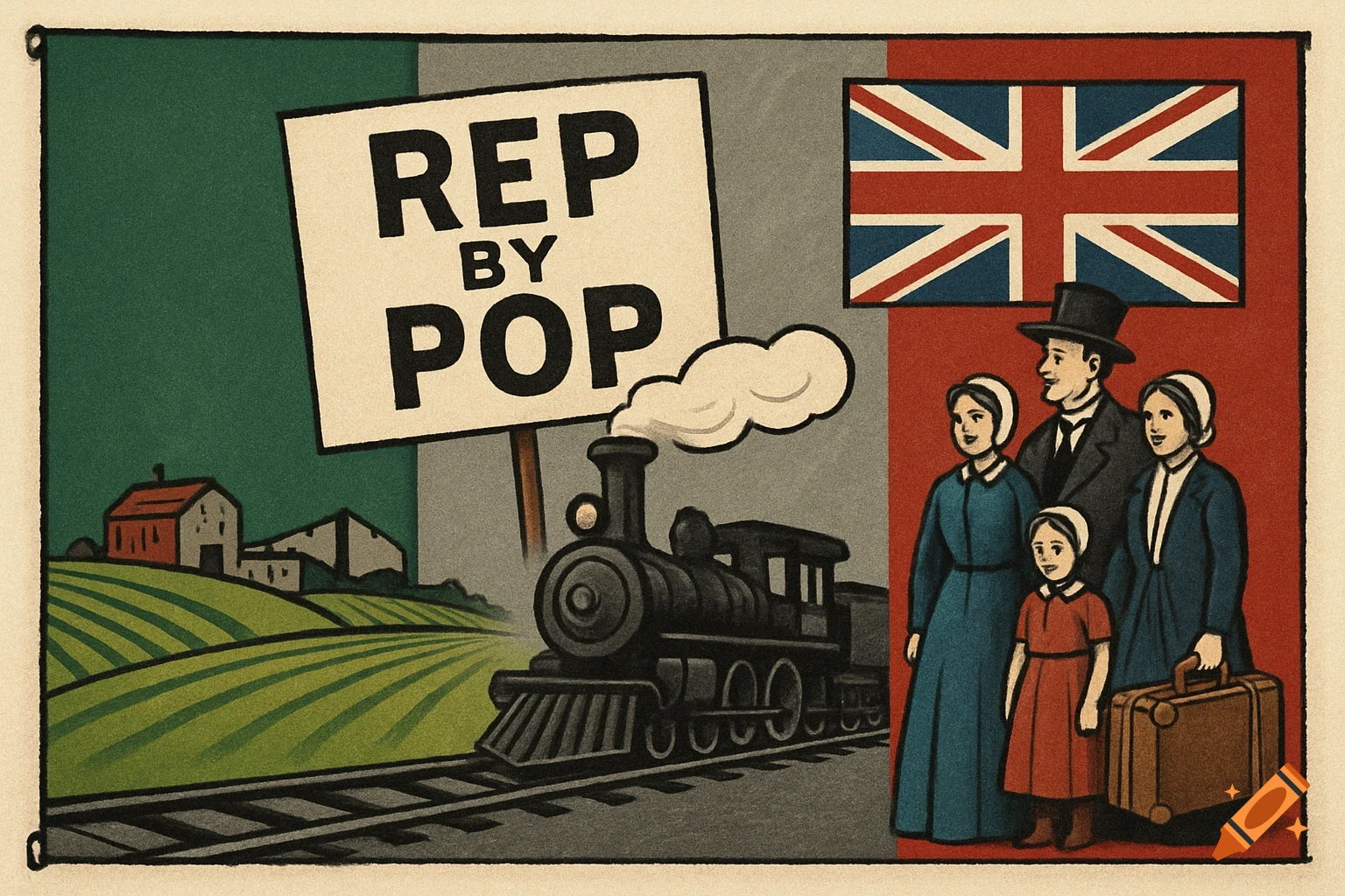 Vintage political poster with Union Jack and other flag, a train, and a ...