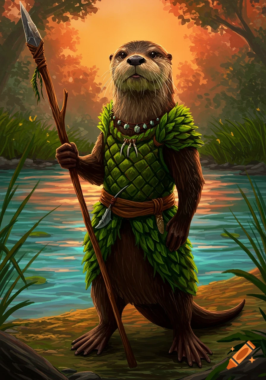 An anthropomorphic river otter warrior in leaf armor holds a spear by a river. on Craiyon