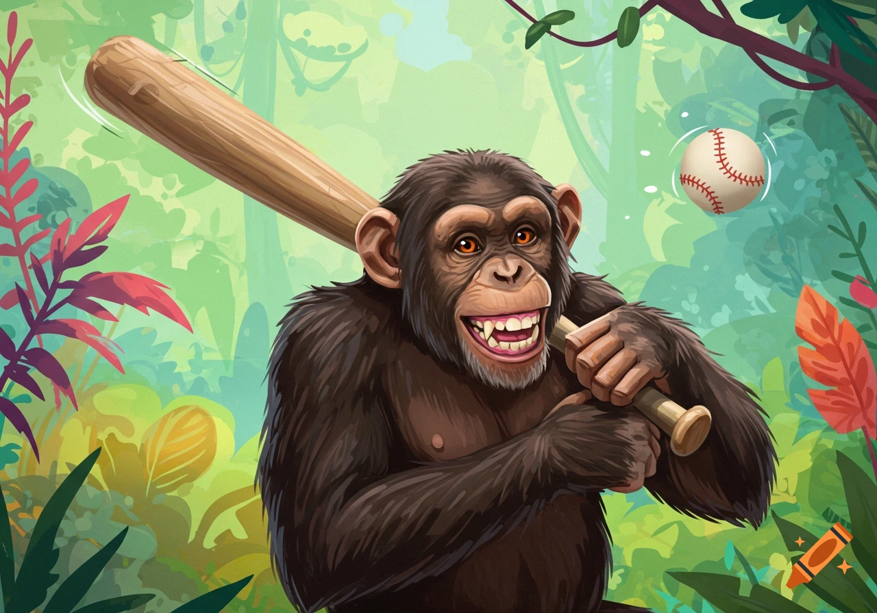 A cartoon chimpanzee holds a baseball bat in a jungle. on Craiyon