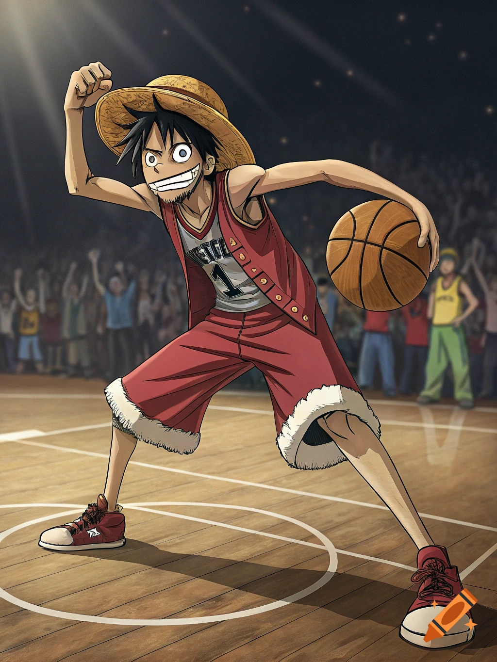 Anime illustration of Monkey D. Luffy from One Piece playing basketball ...