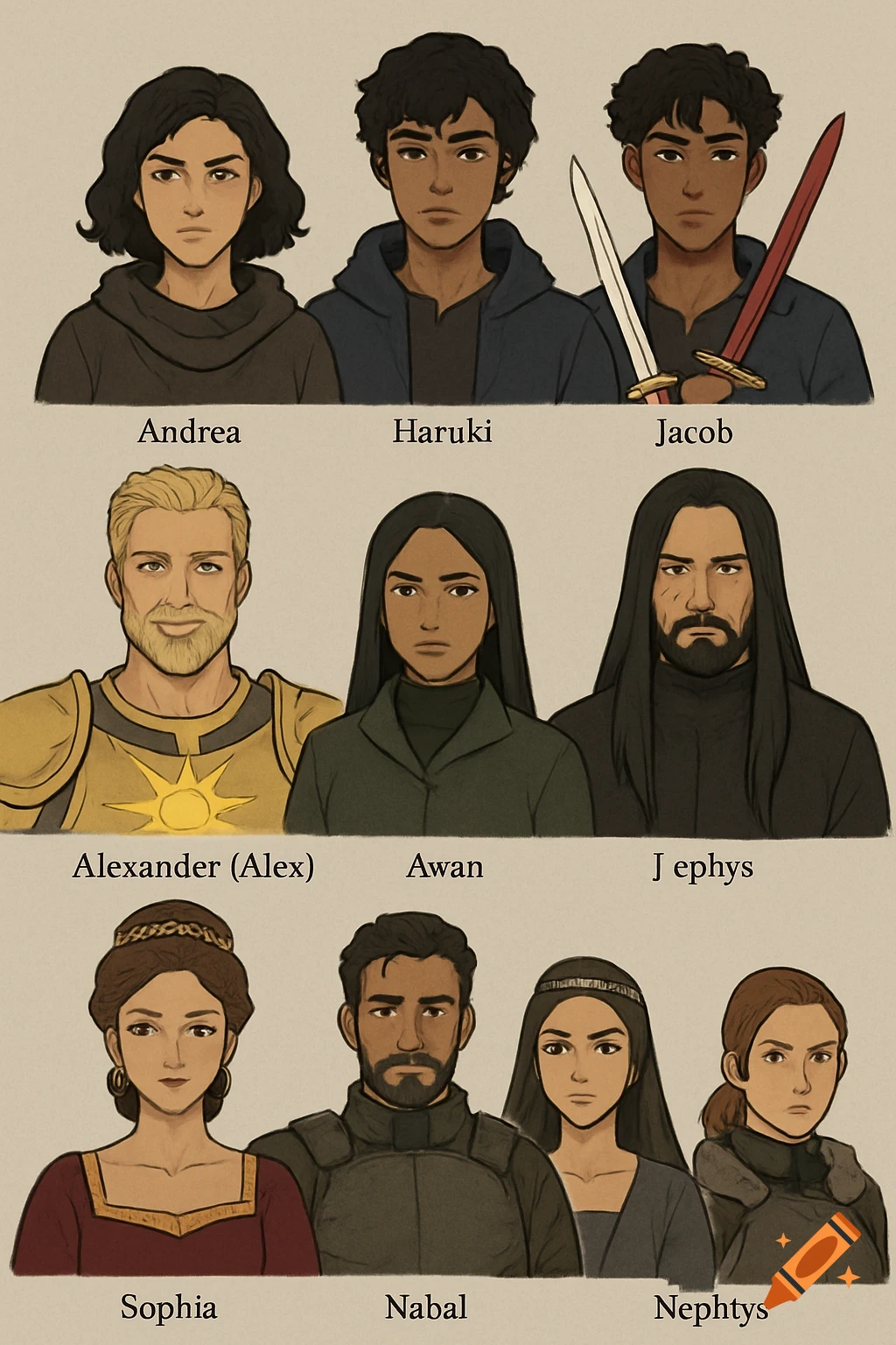 Grid of character portraits, arranged in three rows. Each portrait is ...
