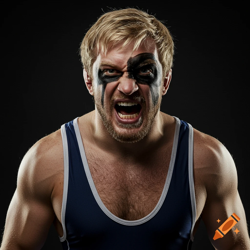 A muscular male wrestler with black face paint and intense expression looks at the camera. on ...