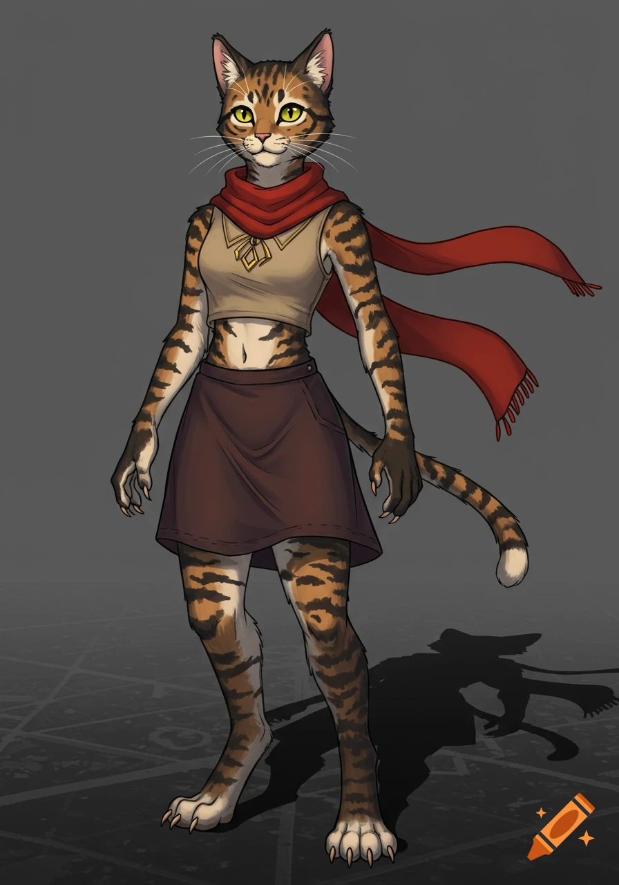 Full body cell-shaded portrait of an anthropomorphic cat girl in a crop ...