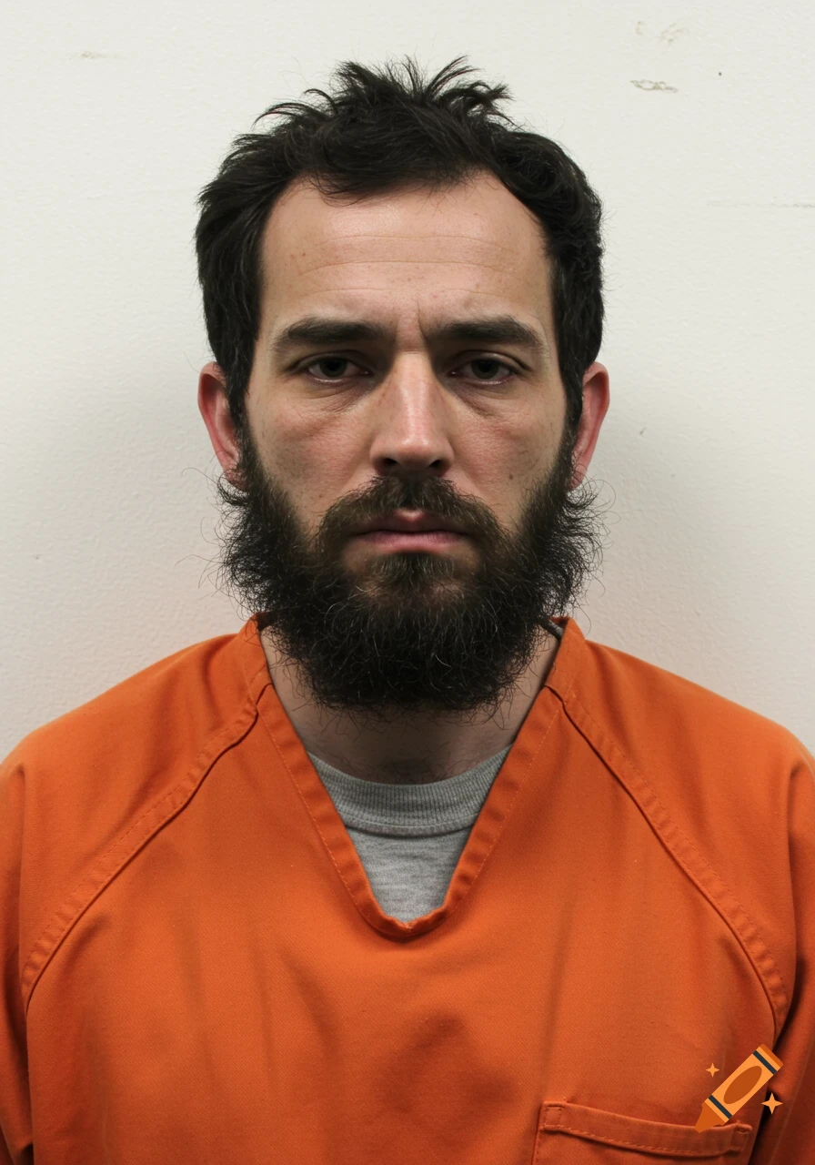 Portrait of a man with a beard wearing an orange prison jumpsuit. on ...