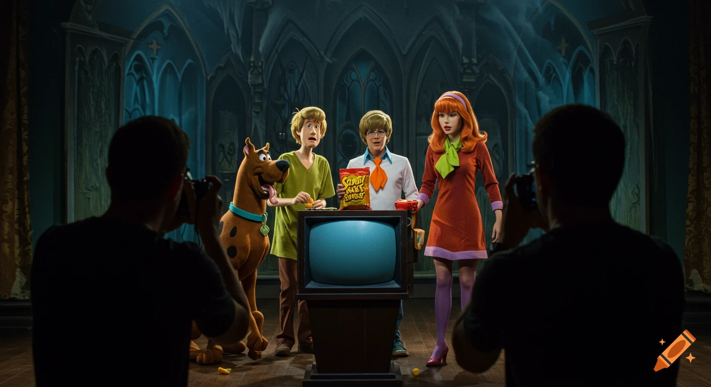 Scooby-Doo characters watching TV in a spooky castle with photographers ...