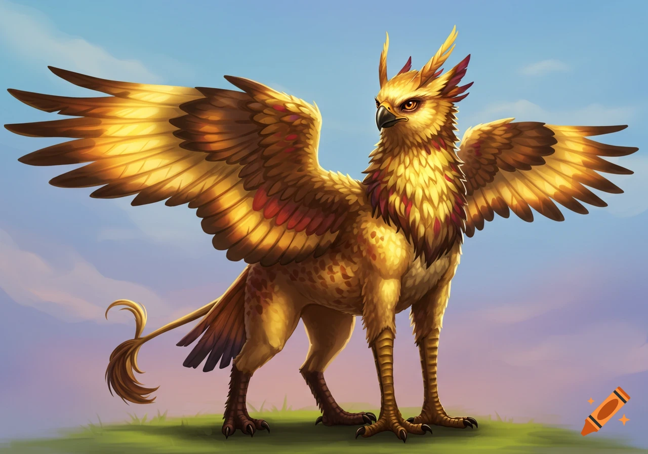 A golden gryphon standing on grass with wings spread. on Craiyon