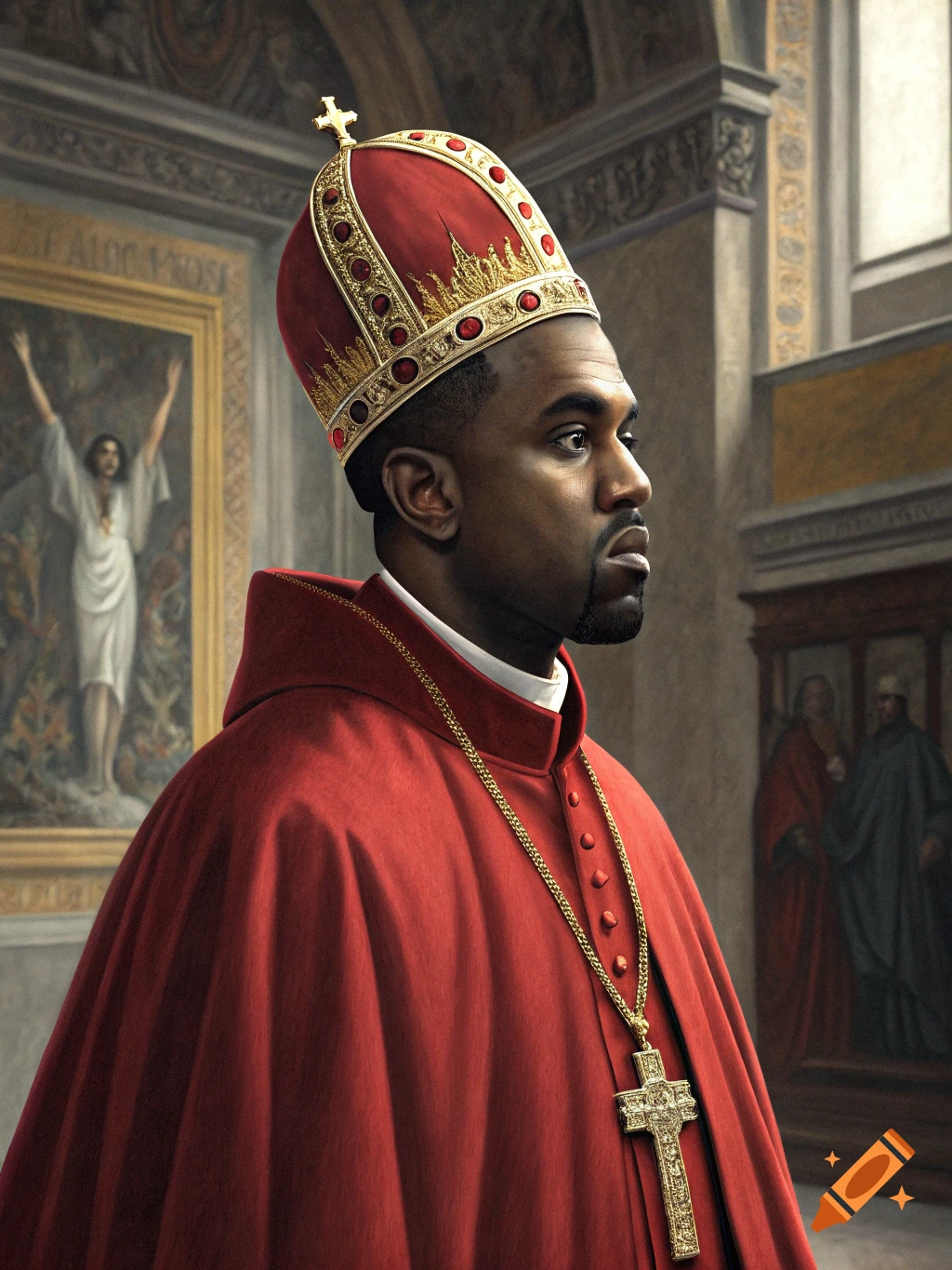 Portrait of Kanye West wearing a red cardinal's robe and jeweled mitre ...