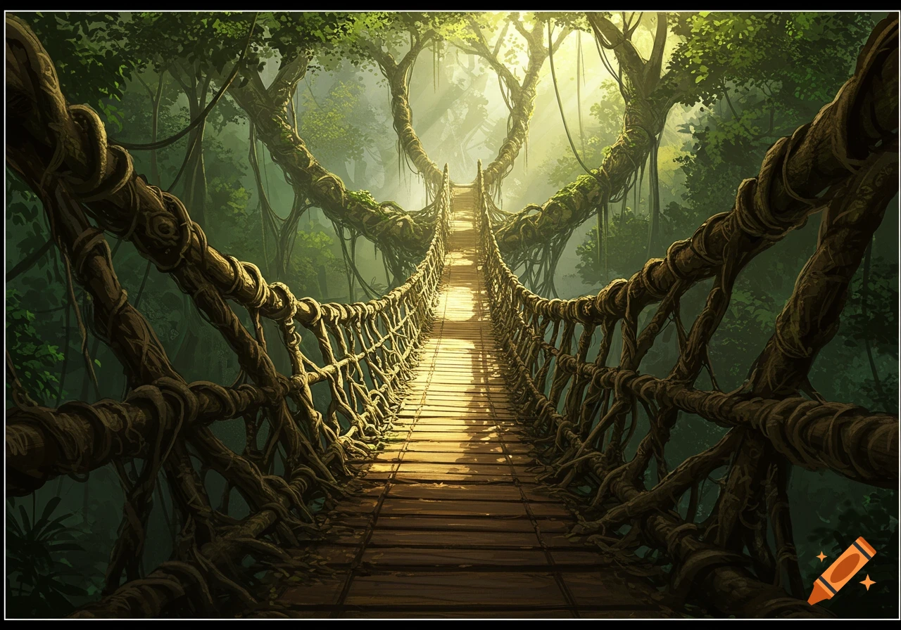 A rope suspension bridge made of thick vines stretches through a sunny ...