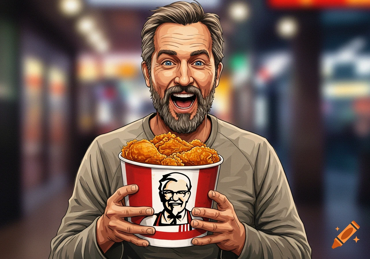 Illustration of a smiling man holding a bucket of fried chicken. on Craiyon