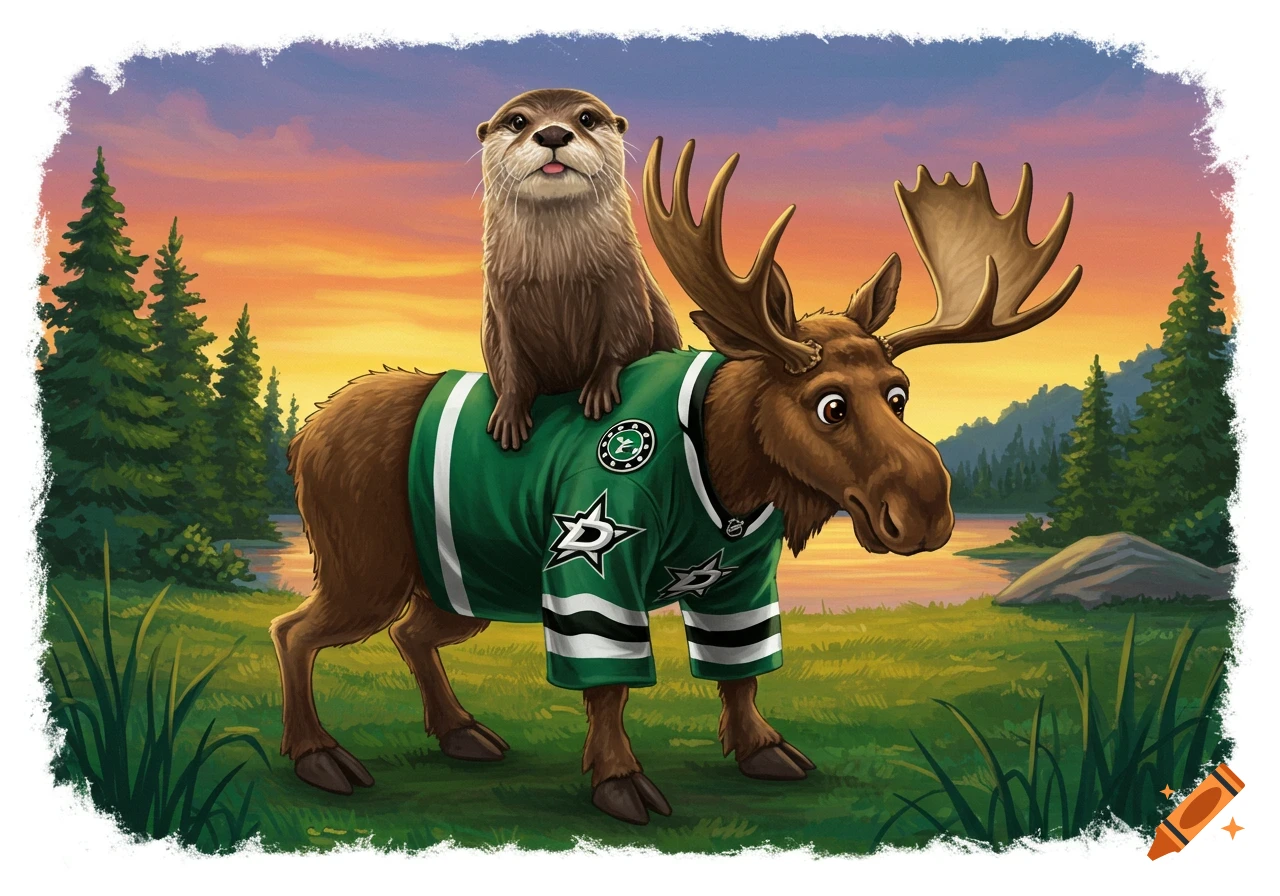Illustration of an otter riding a moose, both wearing Dallas Stars ...