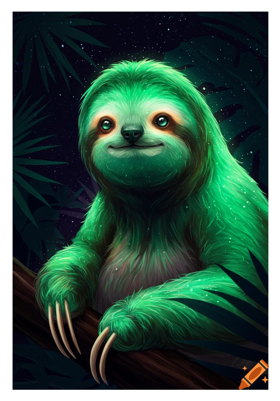 A glowing green sloth sits on a branch in a dark jungle at night. on ...