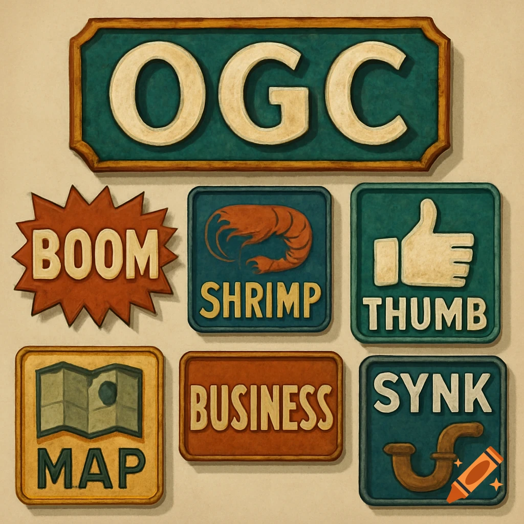 Illustration of various signs on a wall with words like OGC, BOOM ...