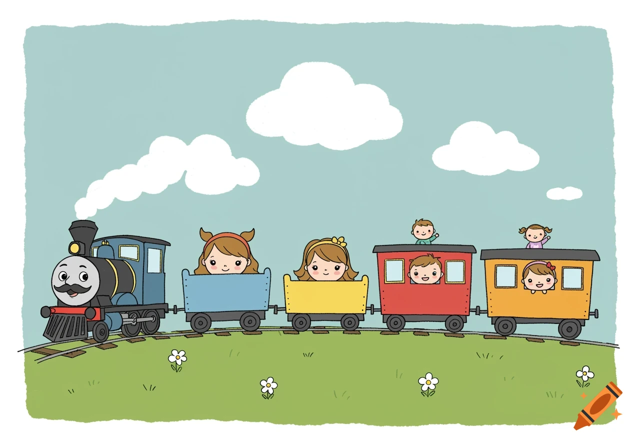 A whimsical children's illustration of a cartoon train engine with a ...