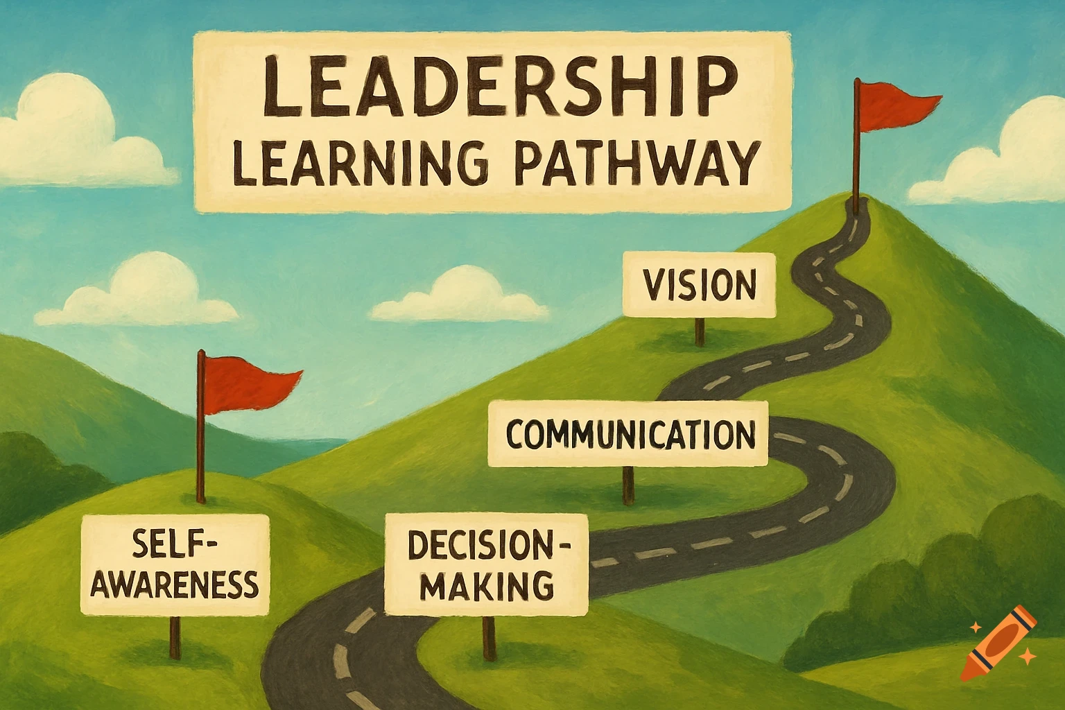 Illustration of a winding road up a hill with signs labeled SELF-AWARENESS, DECISION-MAKING ...