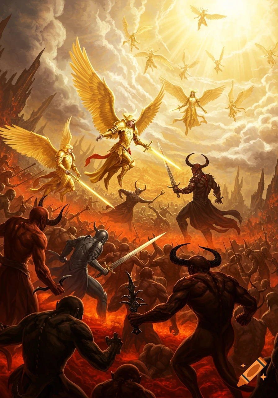 Angels in golden armor battle demons in a fiery hellscape on Craiyon