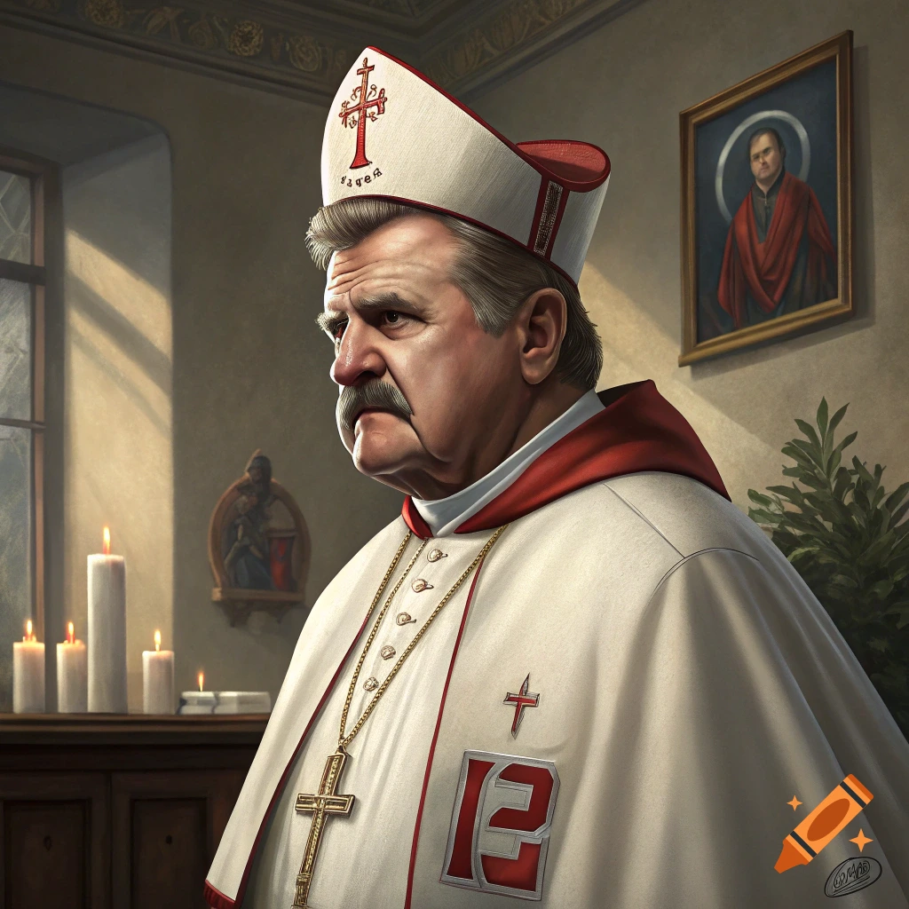Portrait of a man resembling Mike Ditka dressed as a pope in a church ...