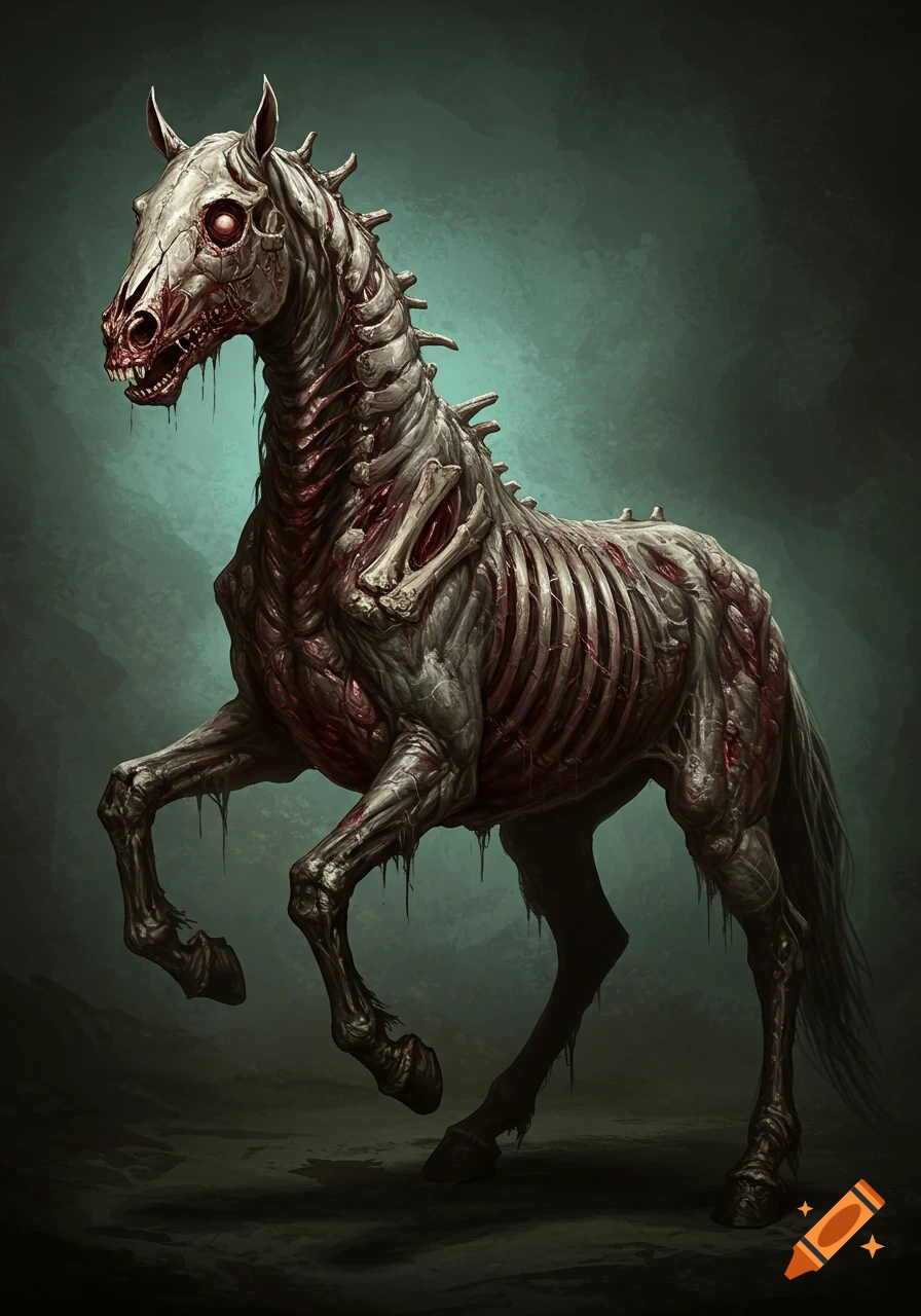 A skeletal, undead horse with exposed ribs and glowing red eyes stands ...