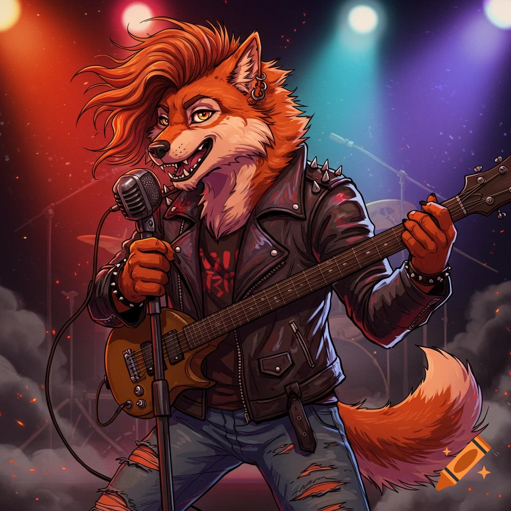 A furry fox musician in a leather jacket plays guitar on stage with ...