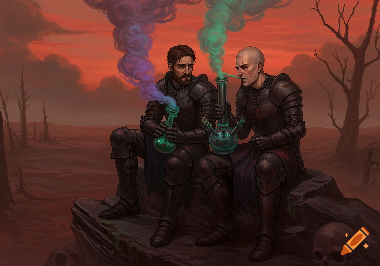 Two knights in armor sit on a rock smoking bongs in a dark fantasy ...