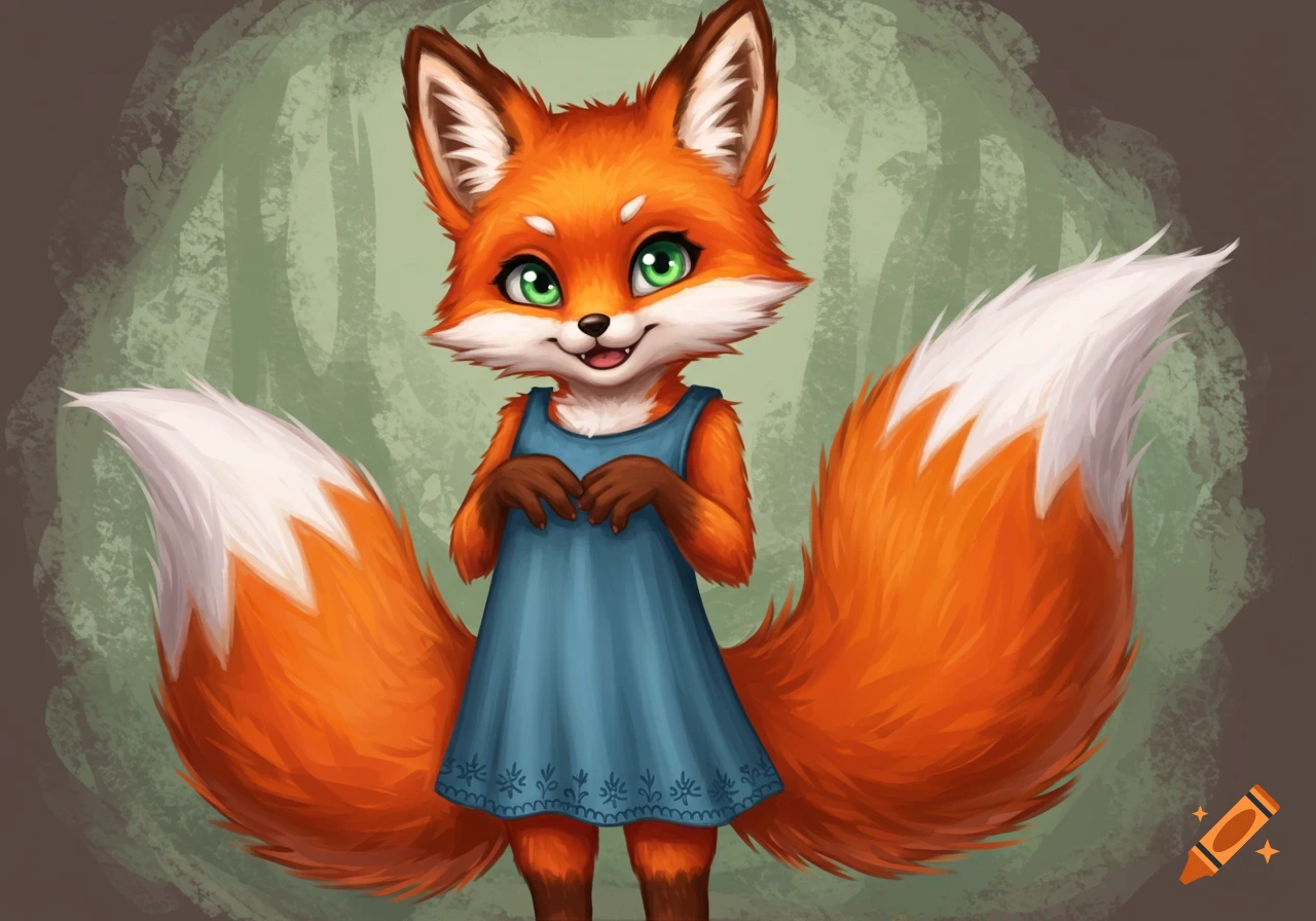 Cartoon anthropomorphic fox in a blue dress on Craiyon