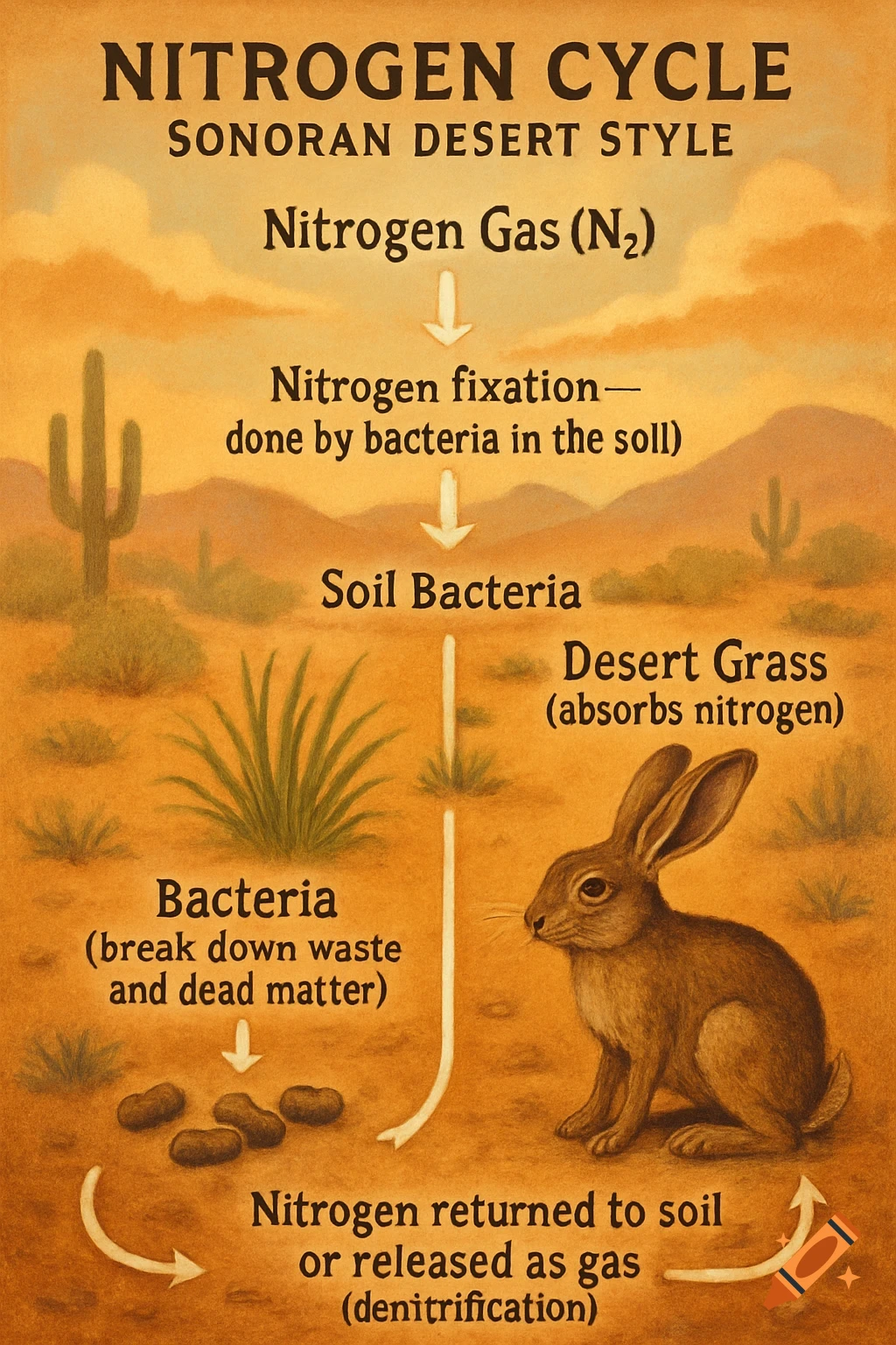 Diagram showing the nitrogen cycle in a desert setting with cacti, a ...