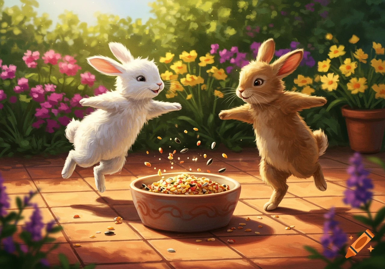 Two cartoon rabbits dance around a bowl of bird seed on a sunny patio ...