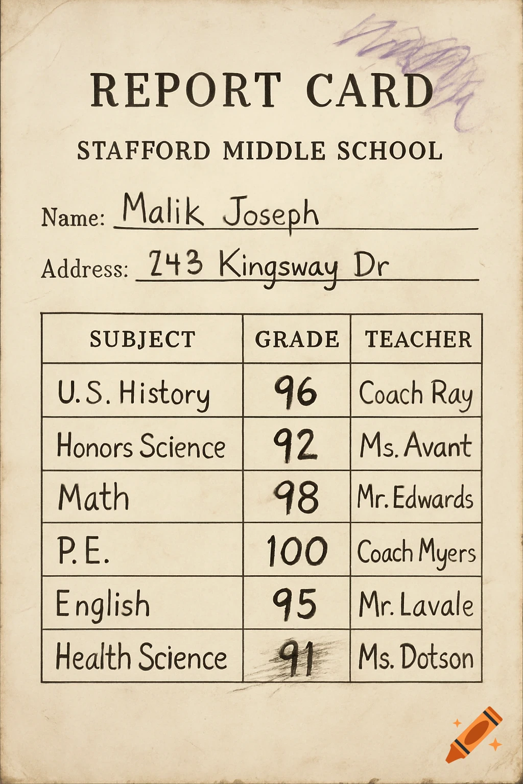 A report card for Malik Joseph from Stafford Middle School showing ...