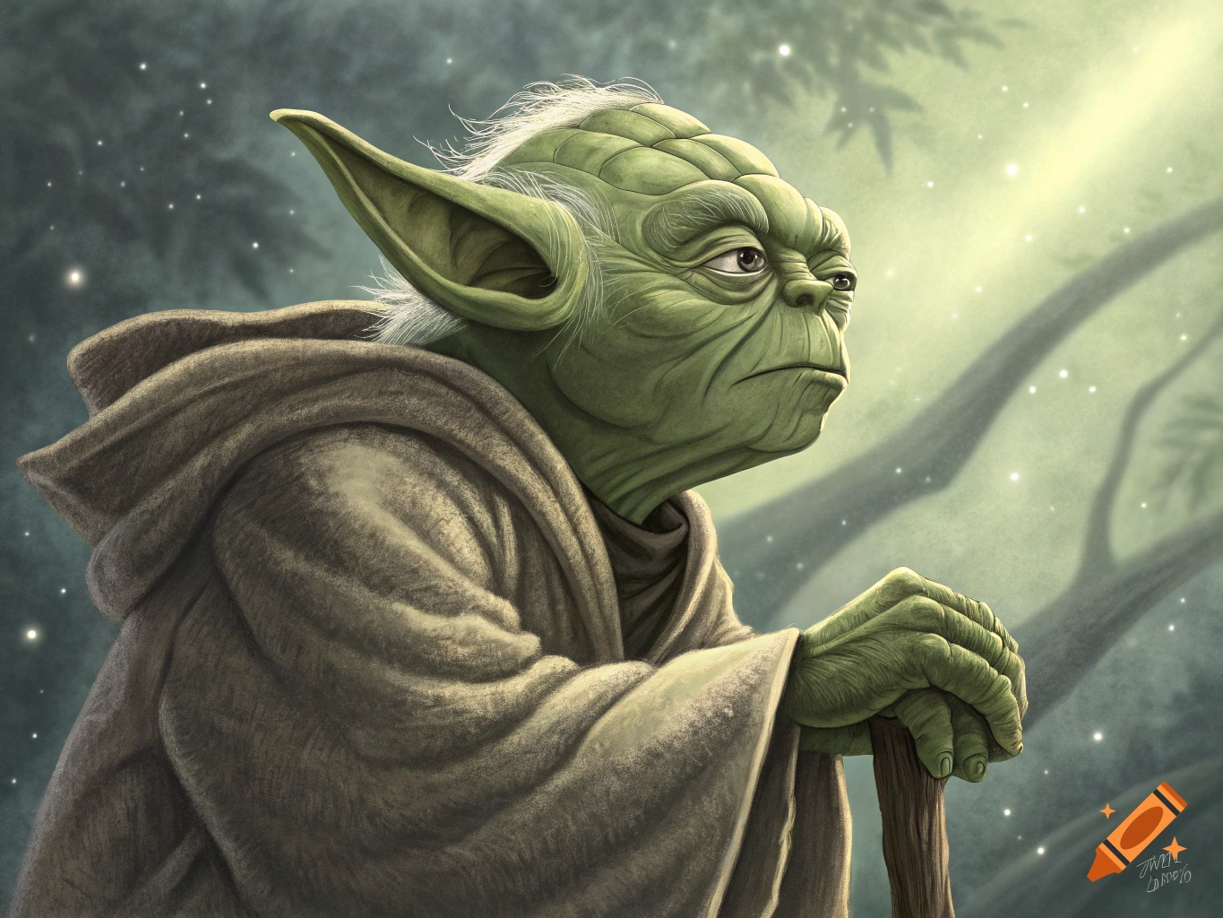 An illustration of Yoda holding a staff in a forest setting. on Craiyon