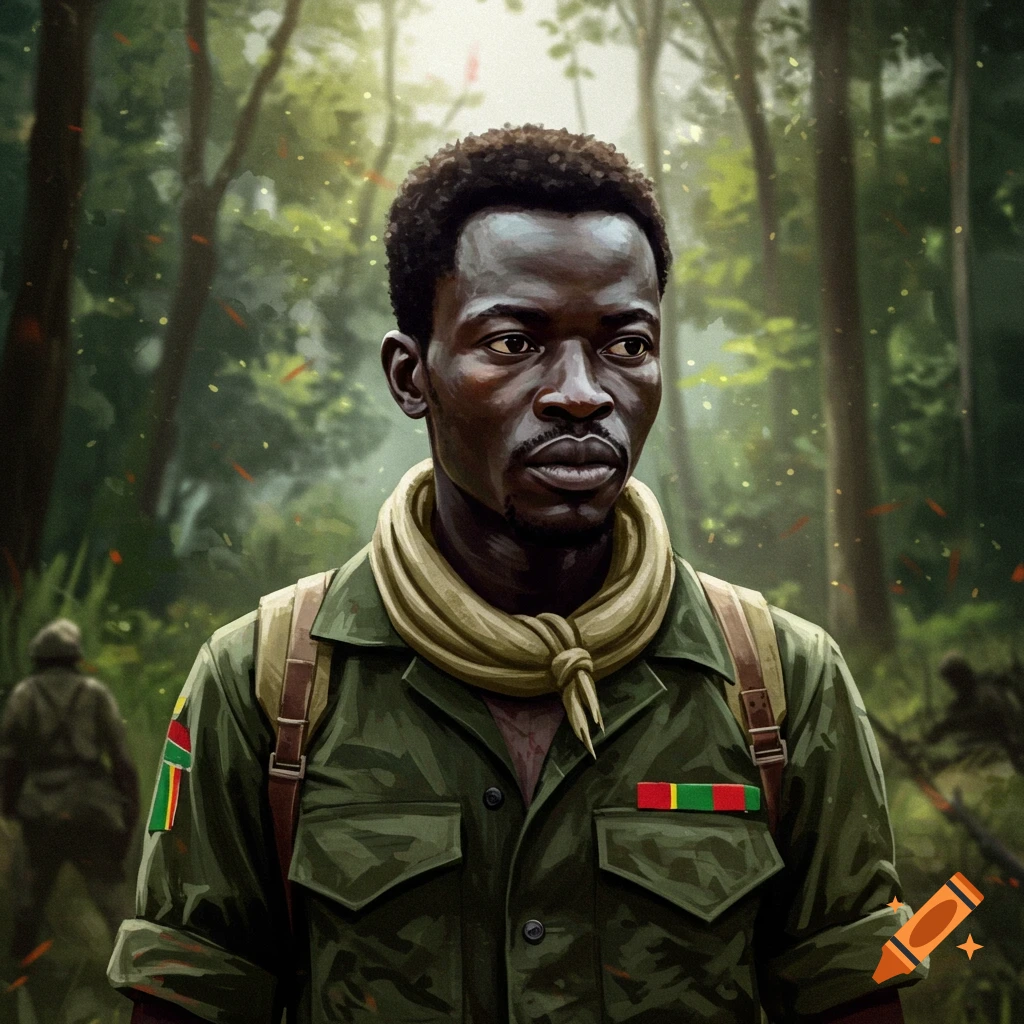 Portrait of a man in a green military uniform in a forest. on Craiyon