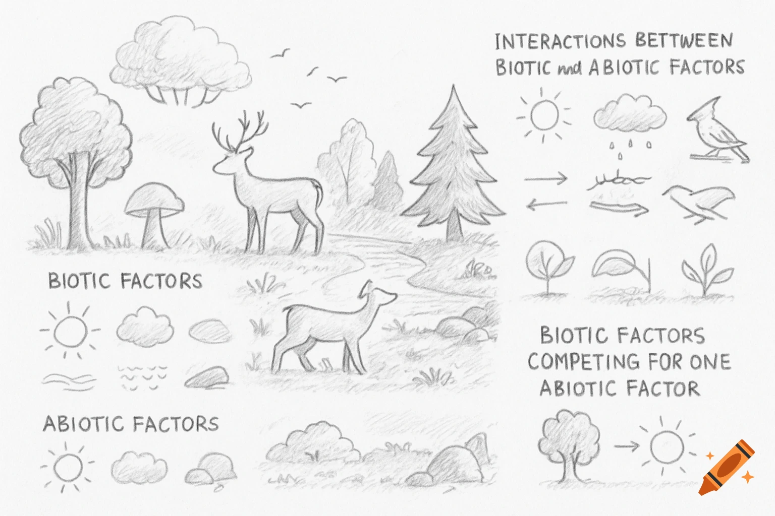 Pencil sketch illustrating ecological concepts with examples of biotic ...