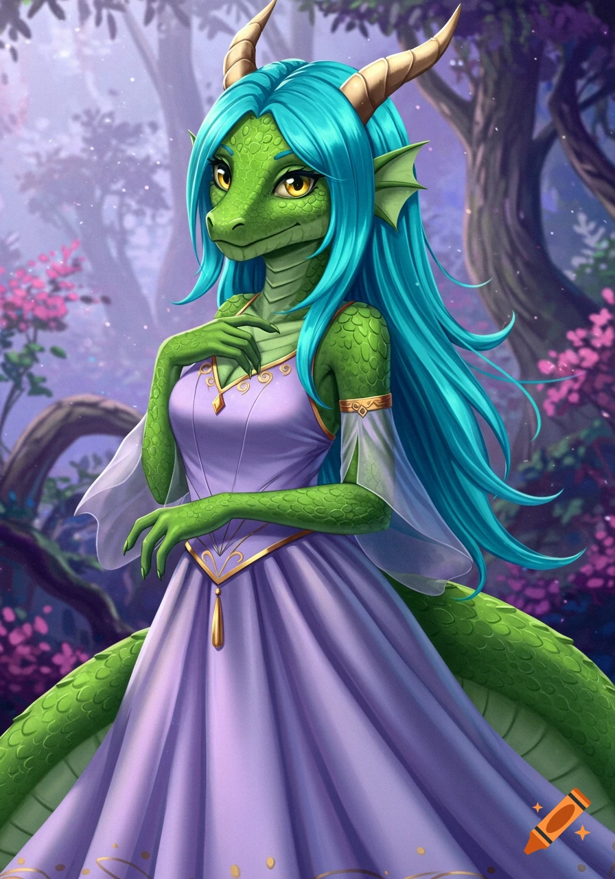 Anime-style illustration of a lizard girl in a purple dress in a ...