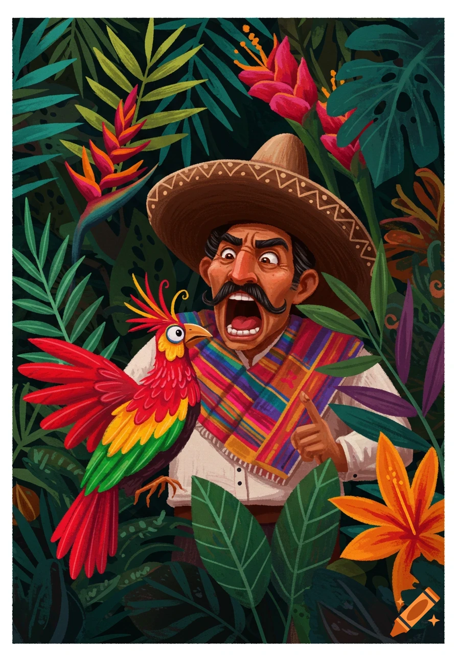 Cartoon illustration of a Mexican man yelling at a colorful bird in a ...