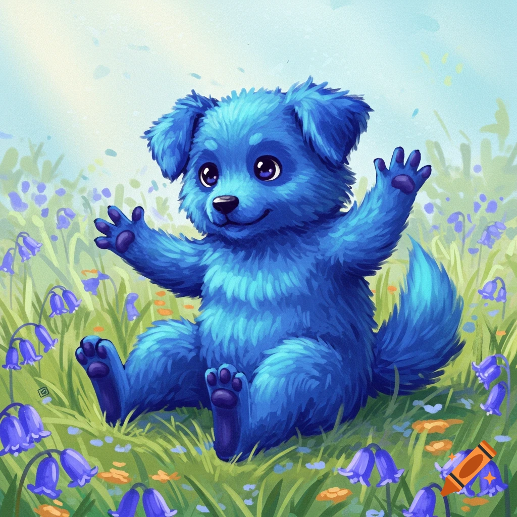 Cute blue furry creature sitting in a field with purple flowers ...