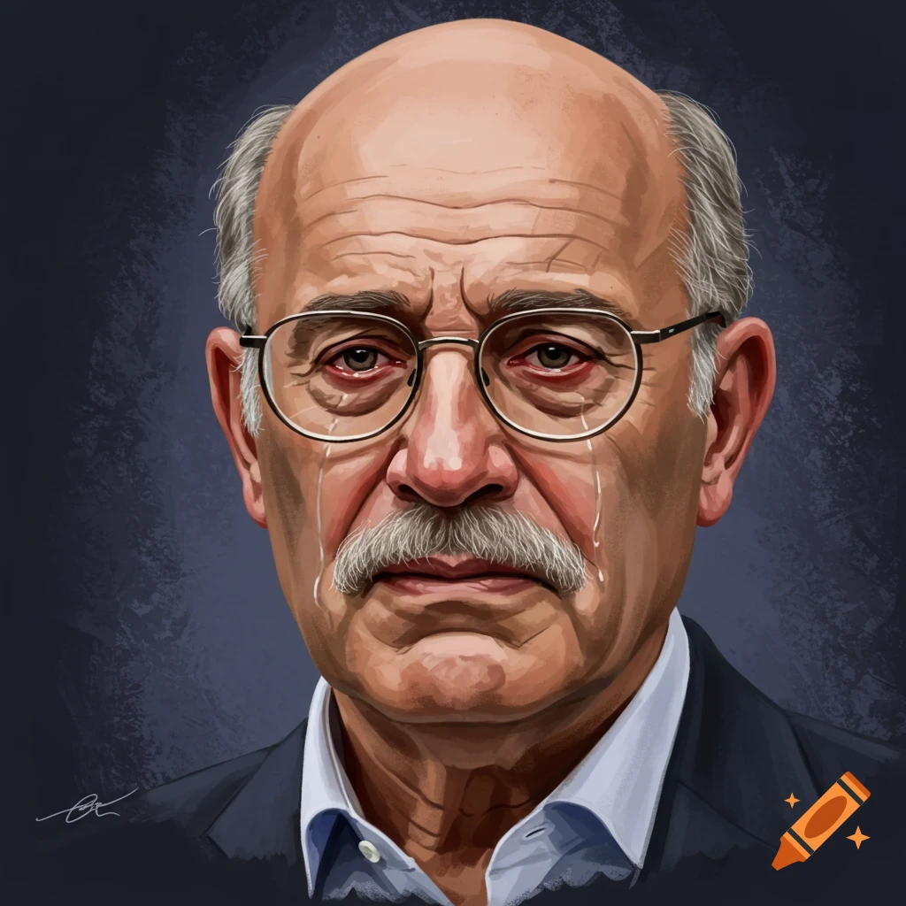 Digital portrait of a crying man with glasses and a mustache. on Craiyon