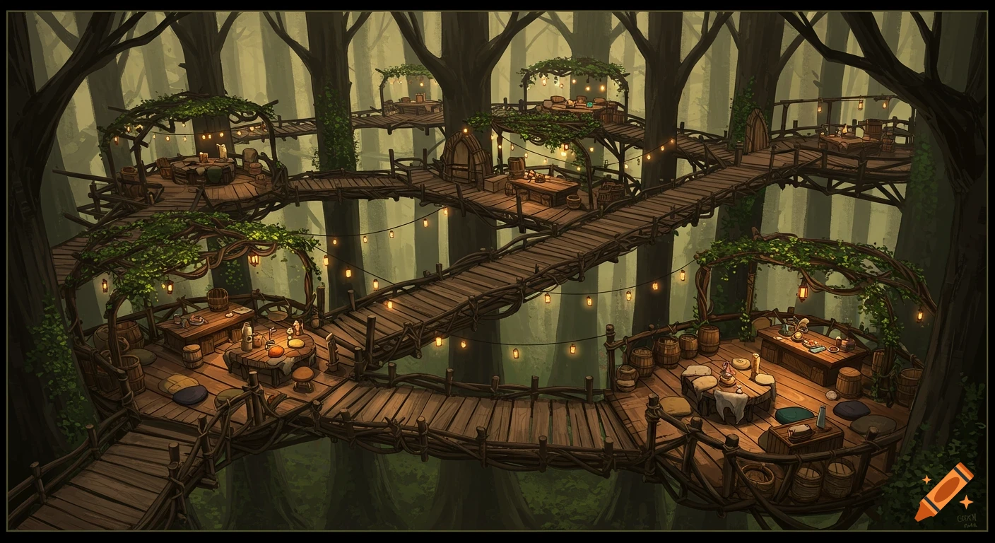 Fantasy concept art of rustic wooden platforms and walkways high in ...