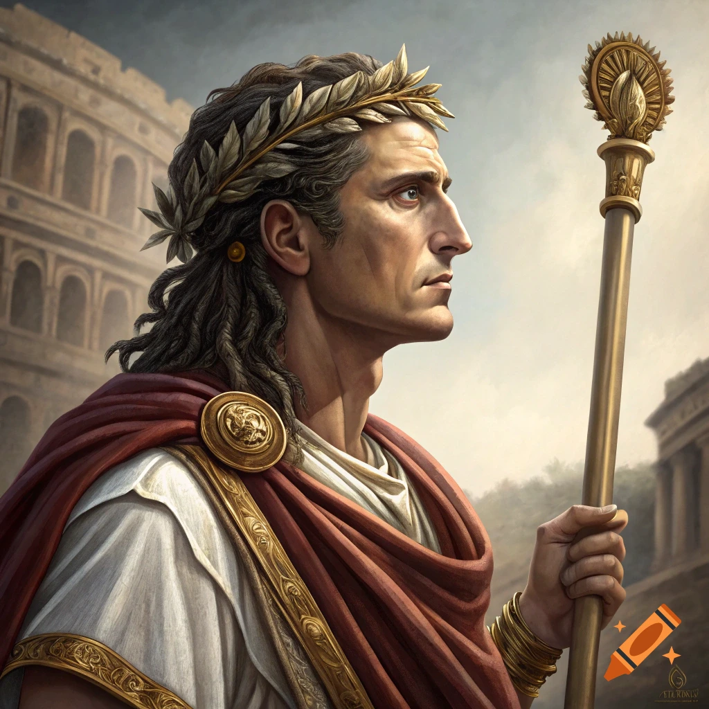 Roman emperor with laurel wreath and toga holding staff, Roman ruins in ...