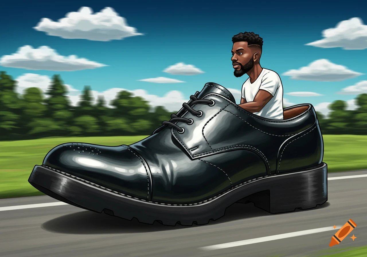 Black man driving a giant black shoe down a road in an illustration. on ...