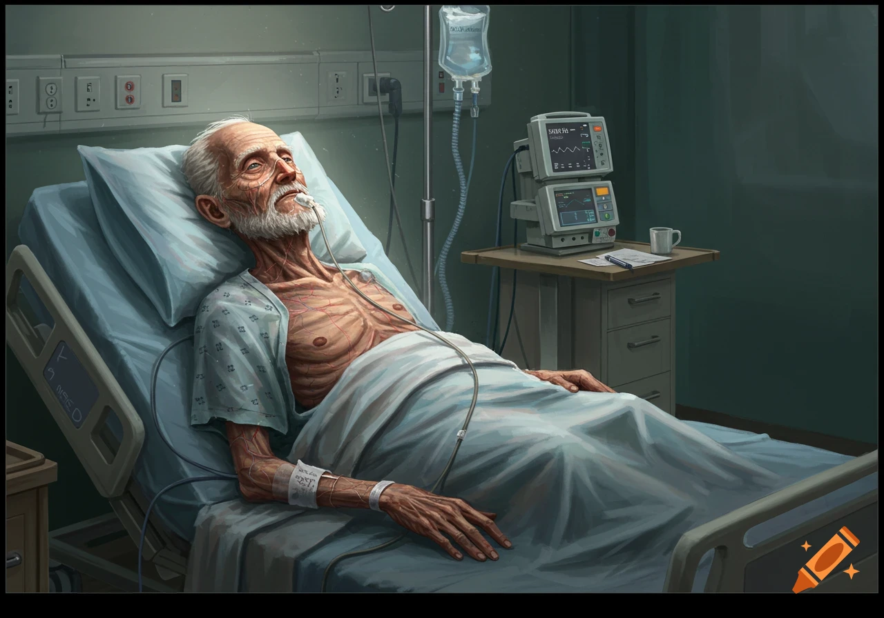 Elderly man lying in a hospital bed with an IV and medical monitors. on Craiyon