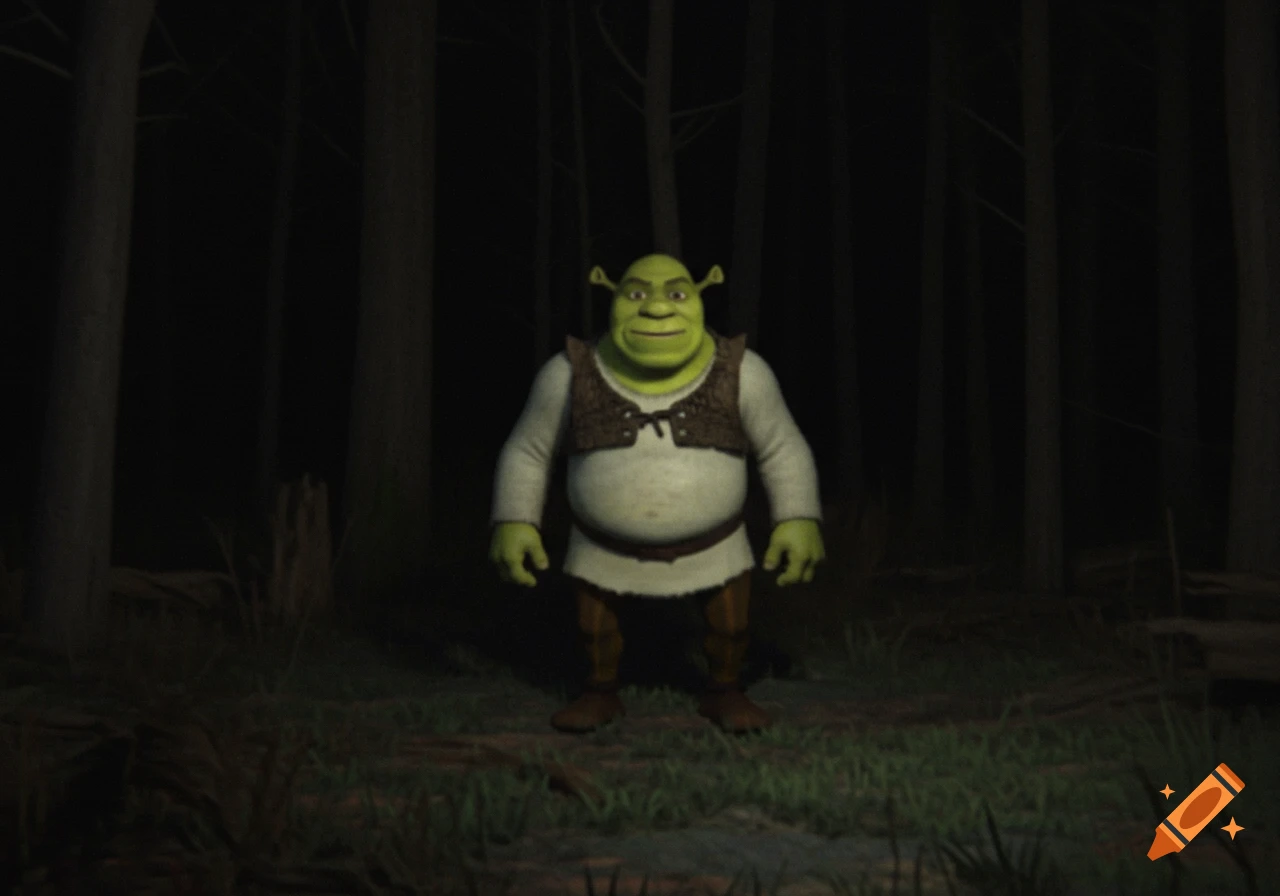 Shrek stands in a dark forest at night, lit from below. on Craiyon