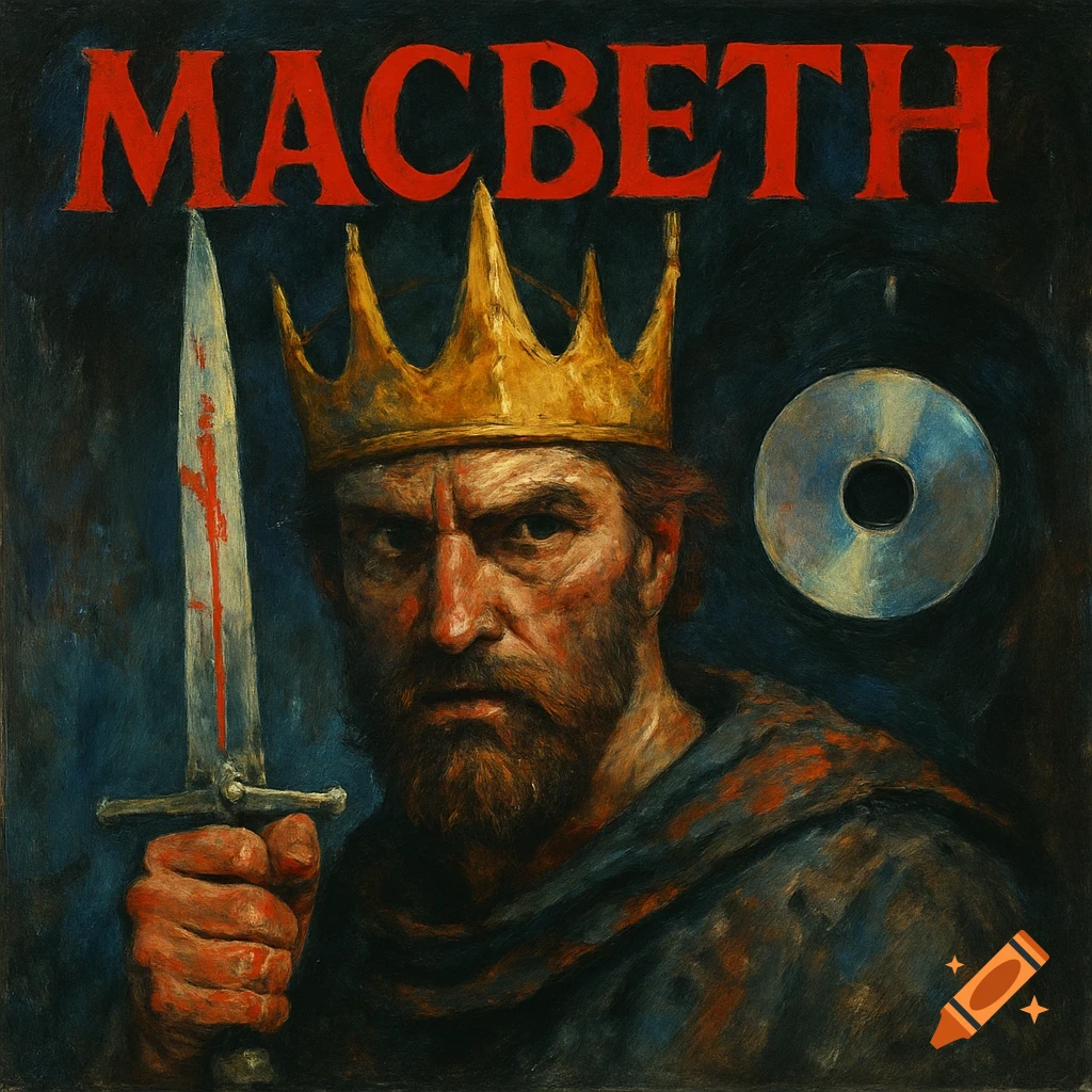 Painterly portrait of a man in a crown holding a bloodied sword, with ...