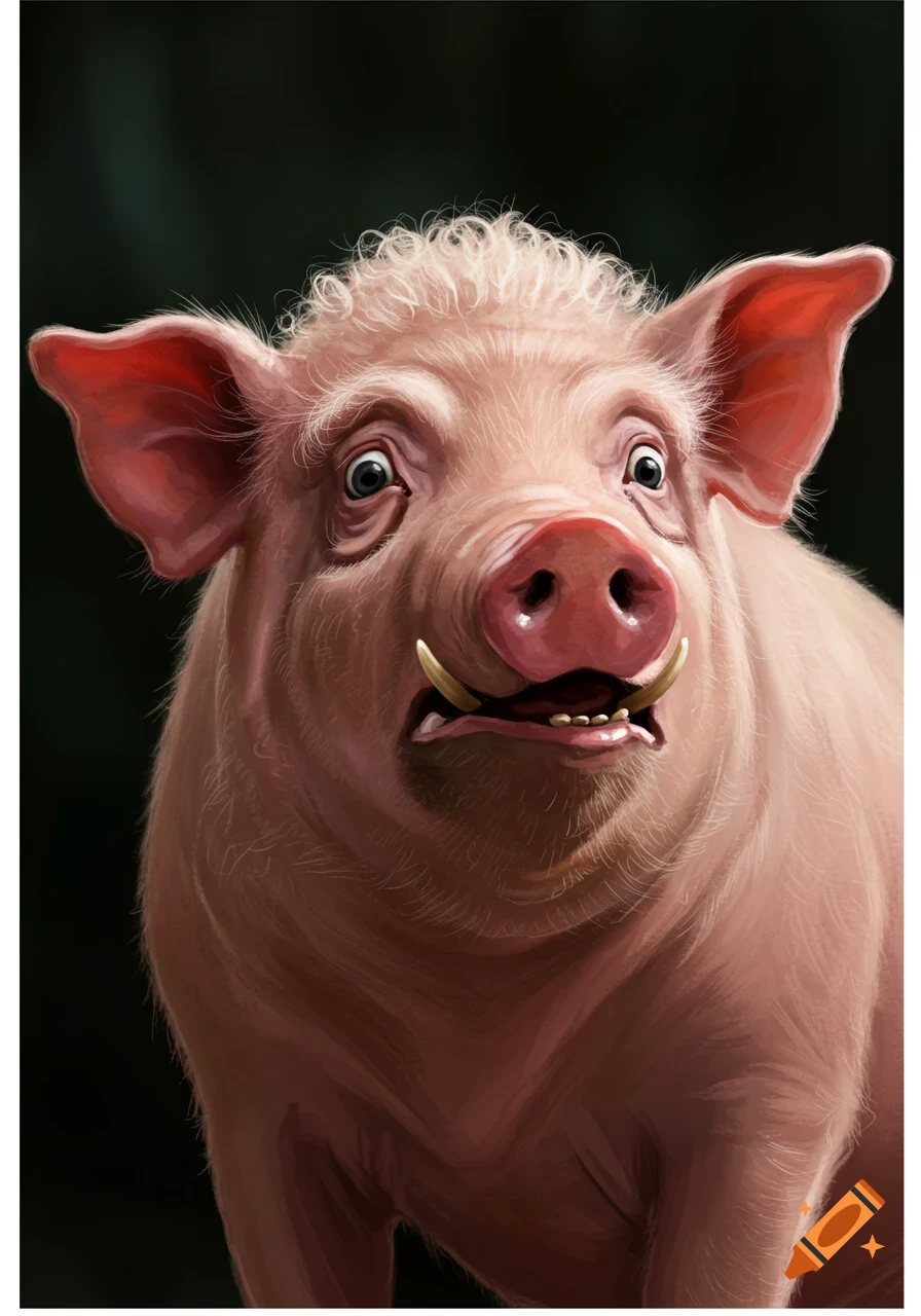 Close-up illustration of a pig with a scared expression on Craiyon